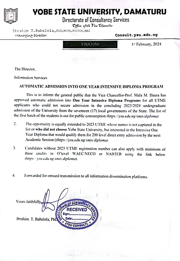 Automatic Admission into One Year Intensive Diploma Program - YOBE ...
